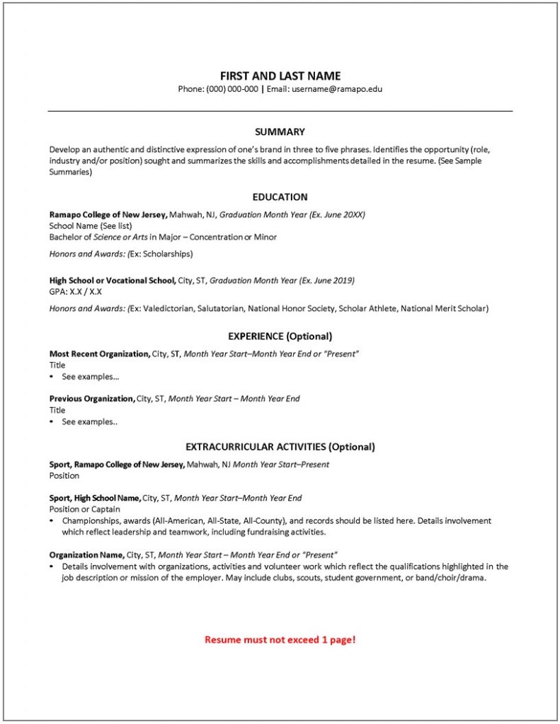 First Year Resume - Cahill Career Development Center || Ramapo College ...